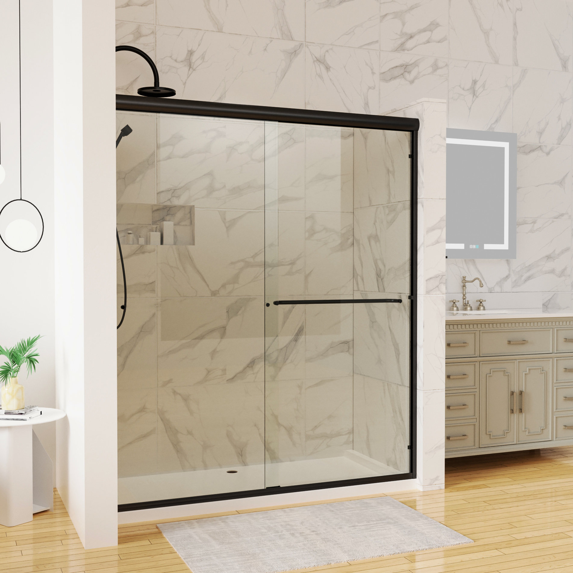 Banior 70 Matte Black Sliding Door For Shower Compartment Separation, Clear Glass, 70" With ...